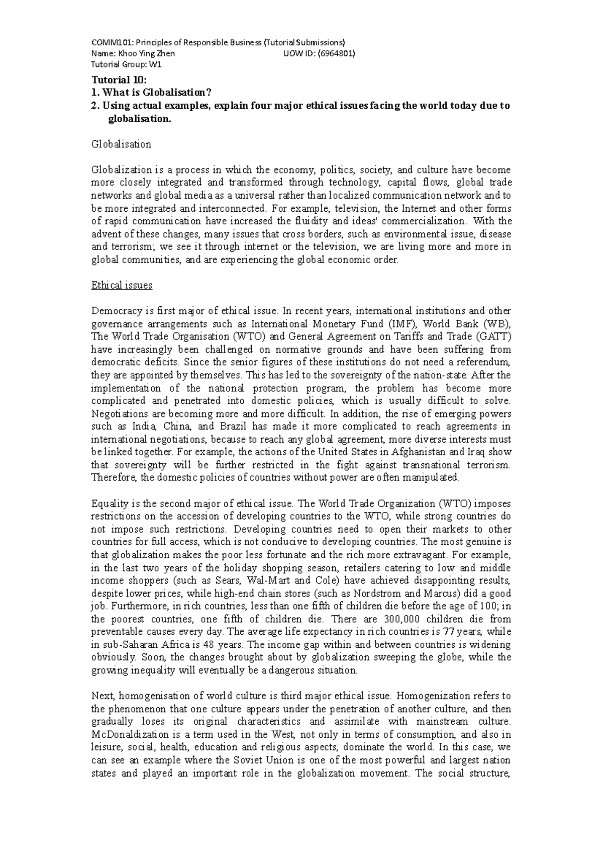 Comm tutorial 10 - COMM121 Globalisation - COMM101: Principles of ...