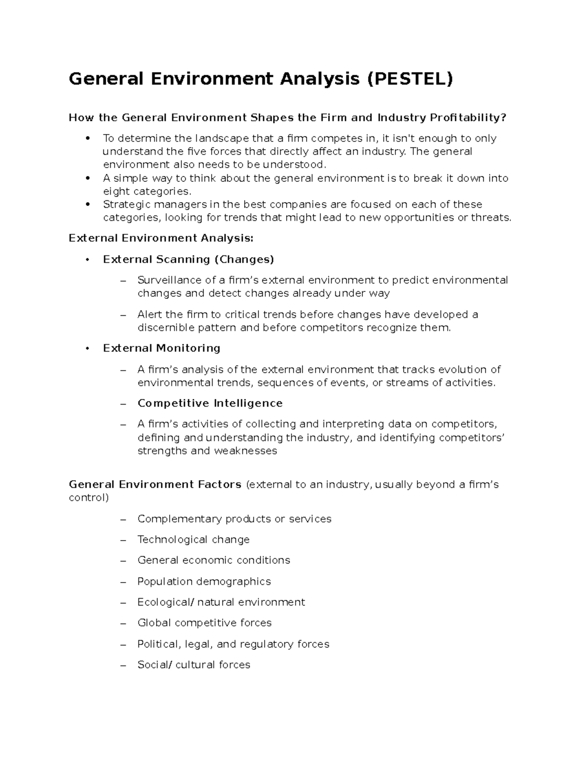 STEN Midterm Methods Note - General Environment Analysis (PESTEL) How ...