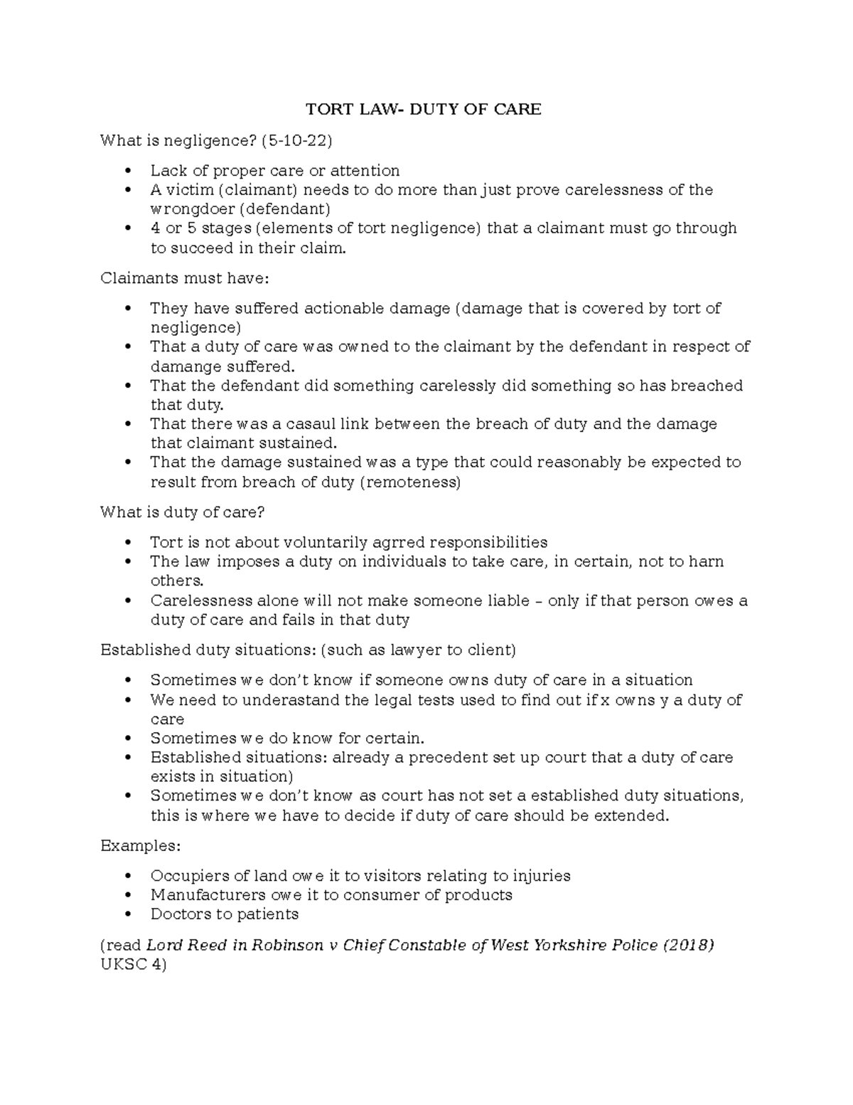 Duty of care- lecture 2 - TORT LAW- DUTY OF CARE What is negligence? (5 ...