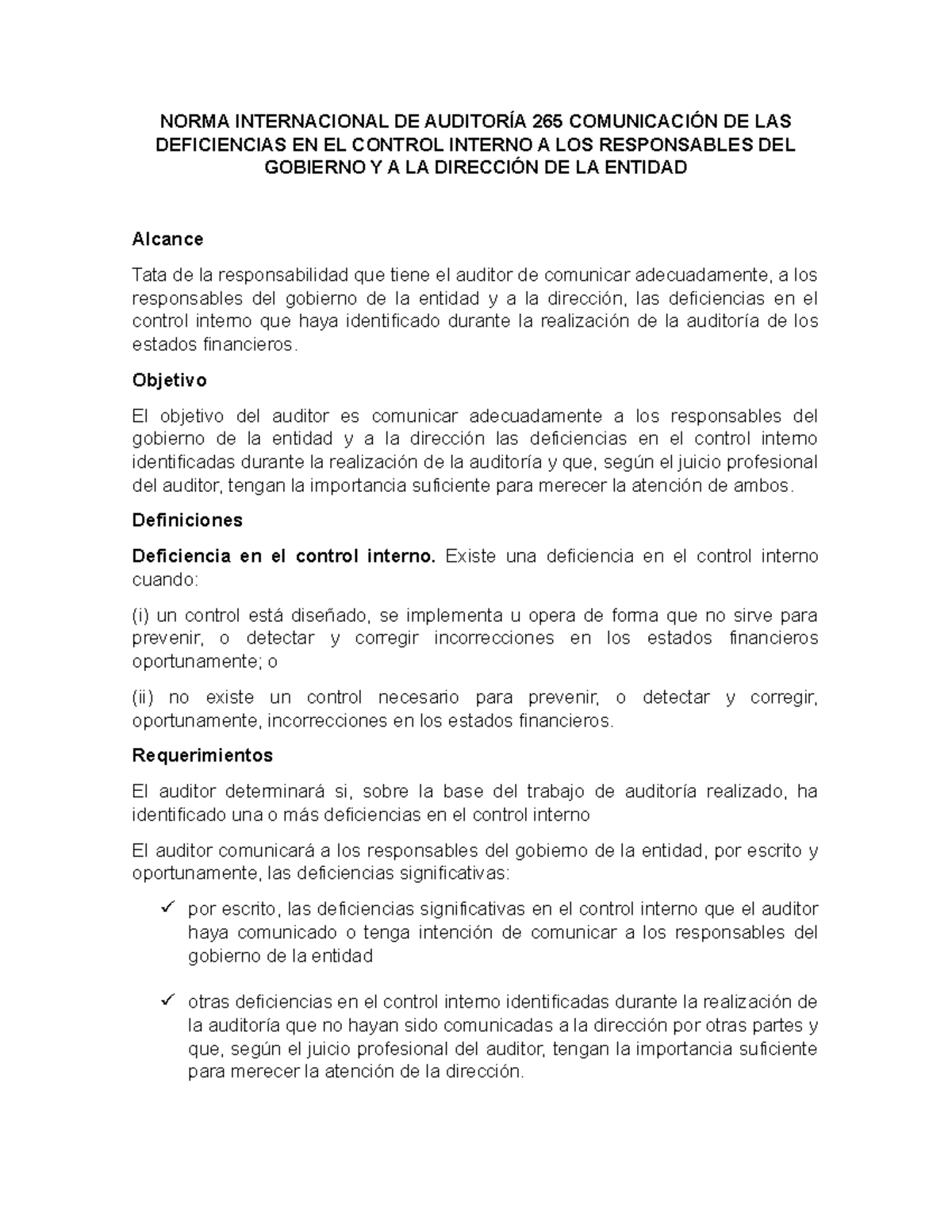Resumen NIA 265 - xxx - NORMA INTERNACIONAL DE AUDITORÍA 265 ...