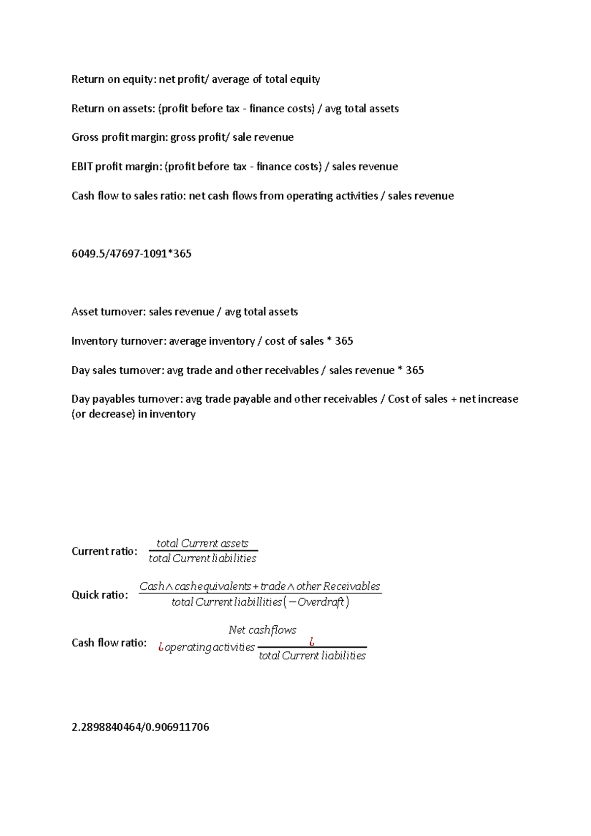 Formula sheet - Return on equity: net profit/ average of total equity ...