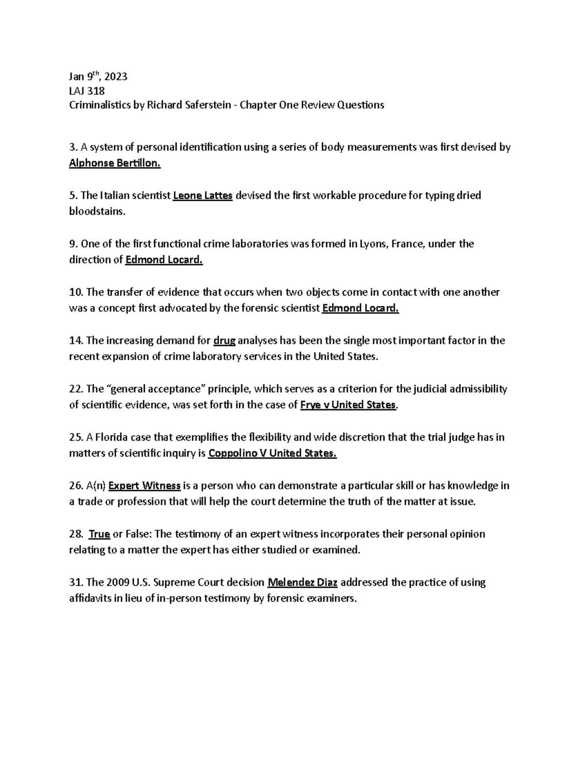 Saferstein Chapter One Questions - Jan 9th, 2023 LAJ 318 Criminalistics ...