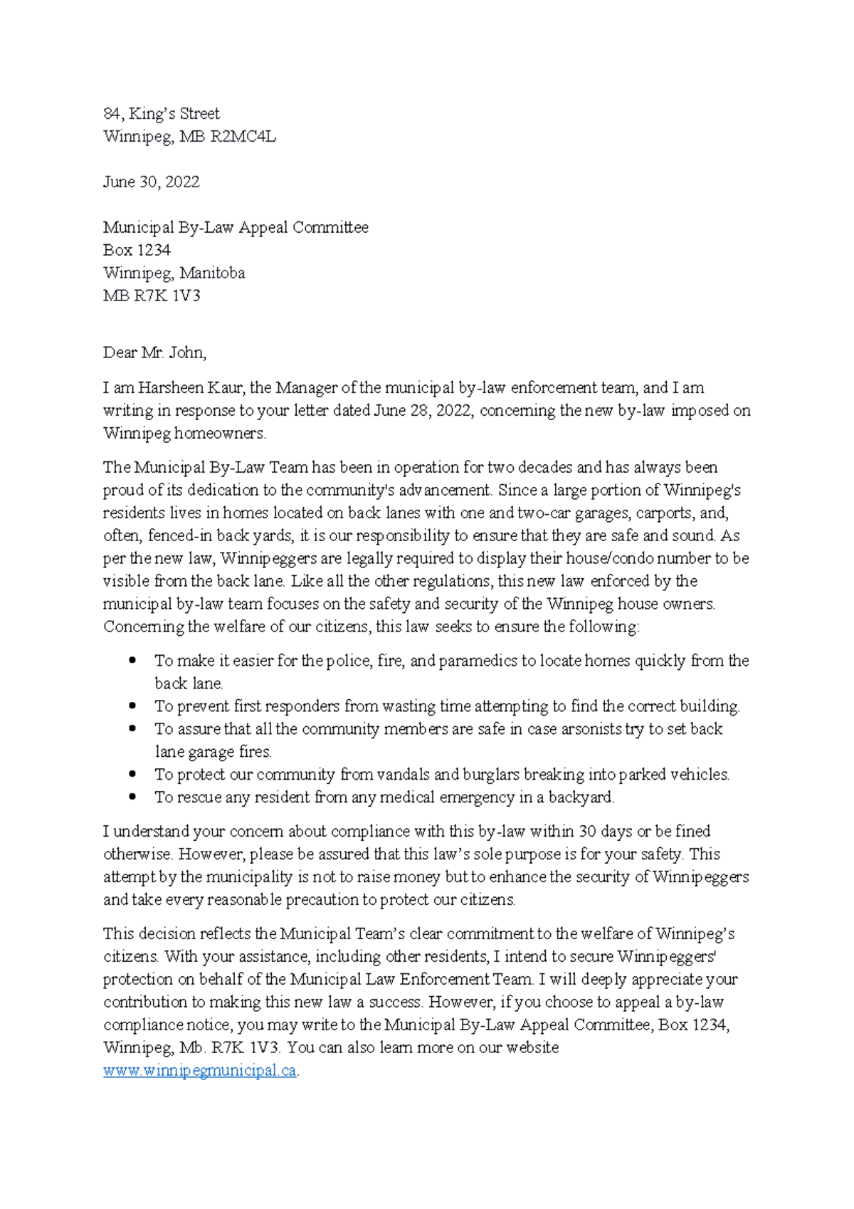 Writing Assignment Sensitive Letter - 84, King’s Street Winnipeg, MB ...