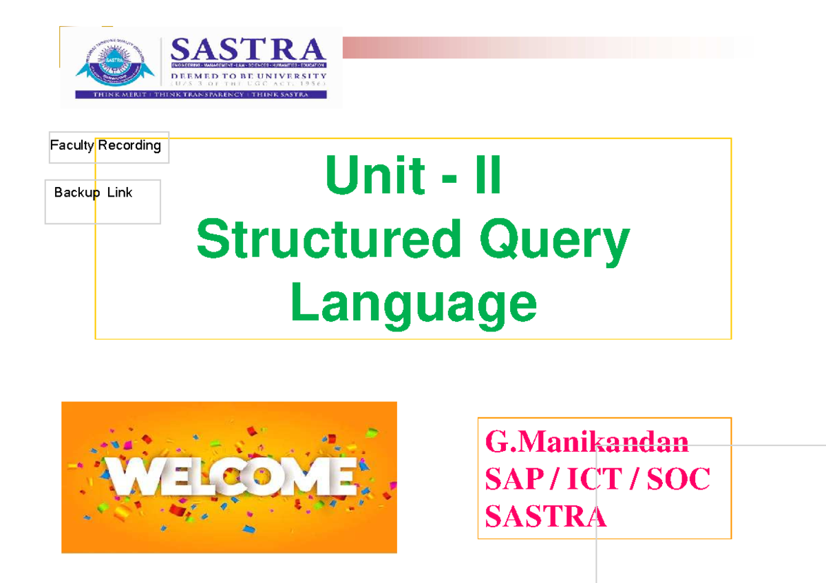 6. SQL - Null and Subquery - Unit - II Structured Query Language G SAP ...