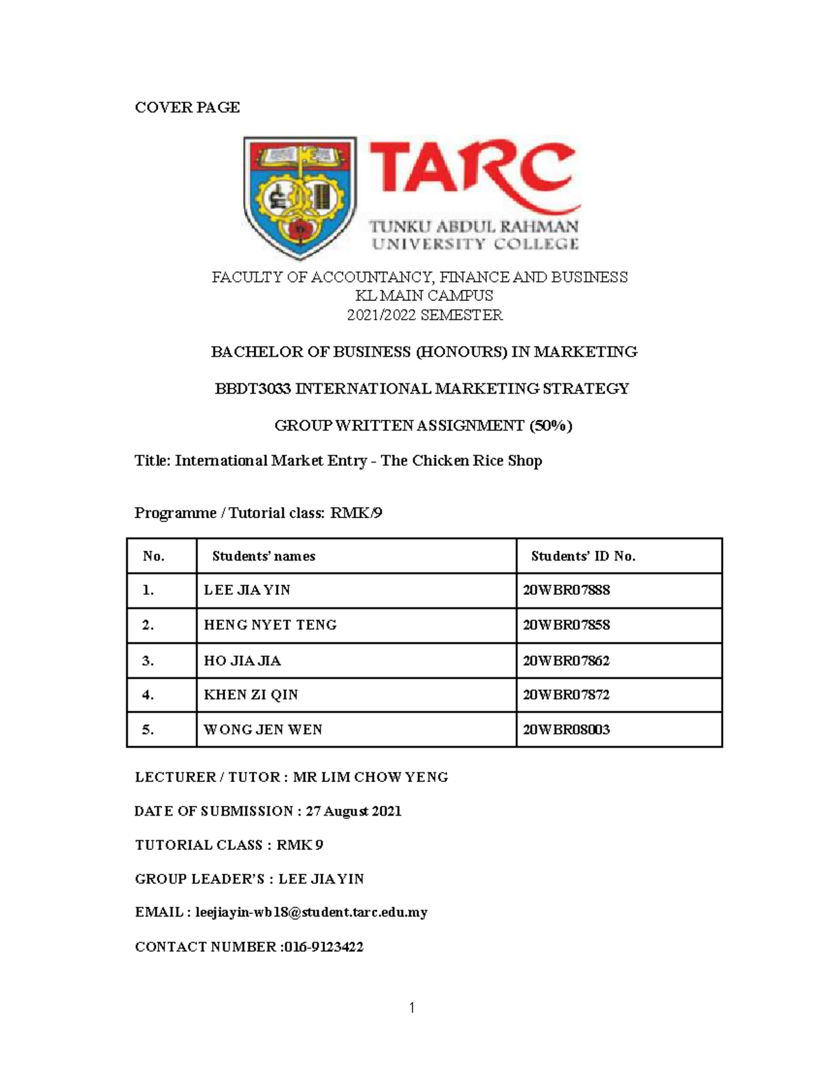 The Chicken Rice Shop RMK 9 - COVER PAGE FACULTY OF ACCOUNTANCY ...