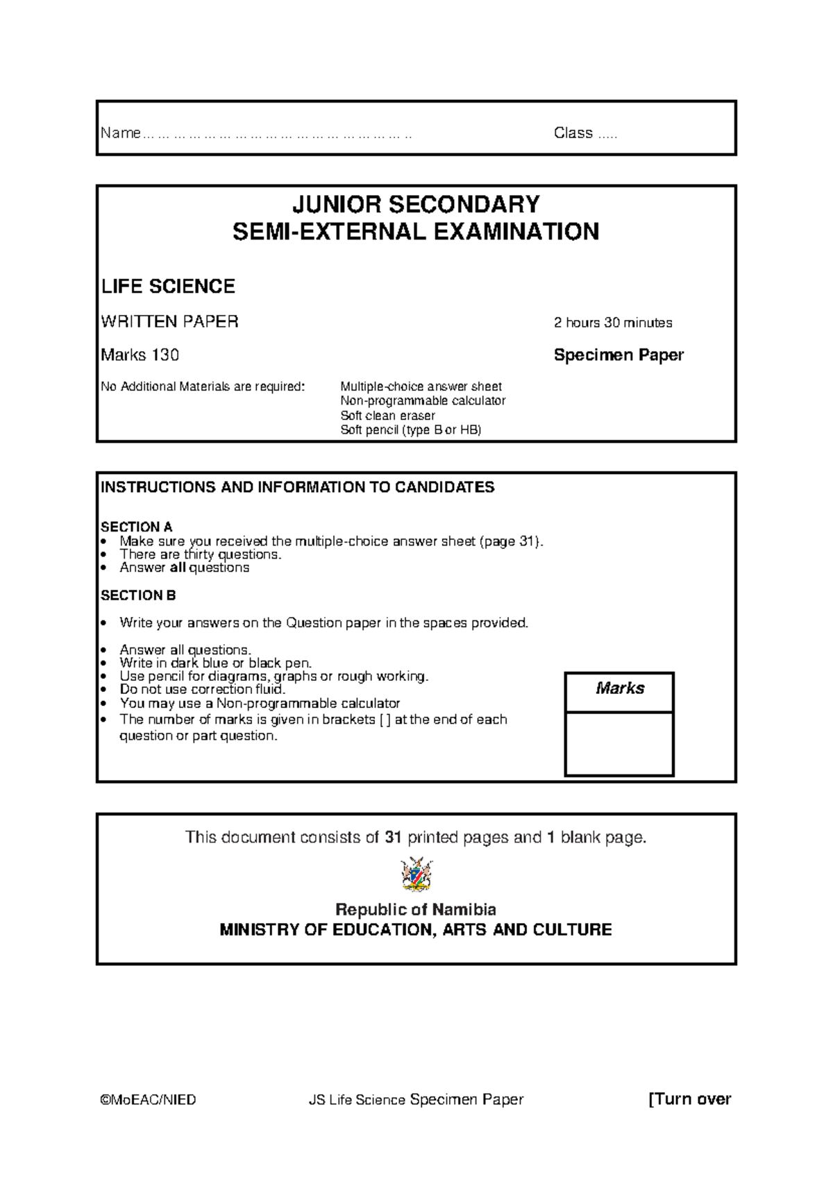 Life Science specimen material grade 9 - ©MoEAC/NIED JS Life Science ...