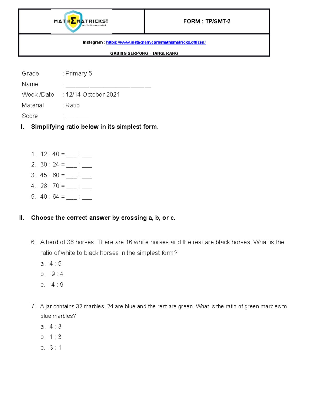 7) Worksheet Ratio - FORM : TP/SMT- Instagram : instagram/mathematricks ...
