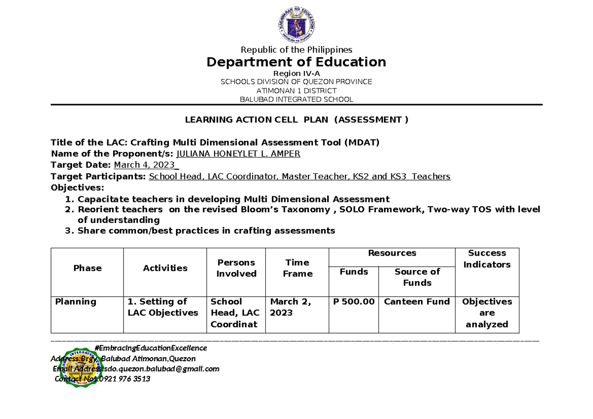 Learning Action CELL PLAN FOR MDAT - Department of Education Region IV ...