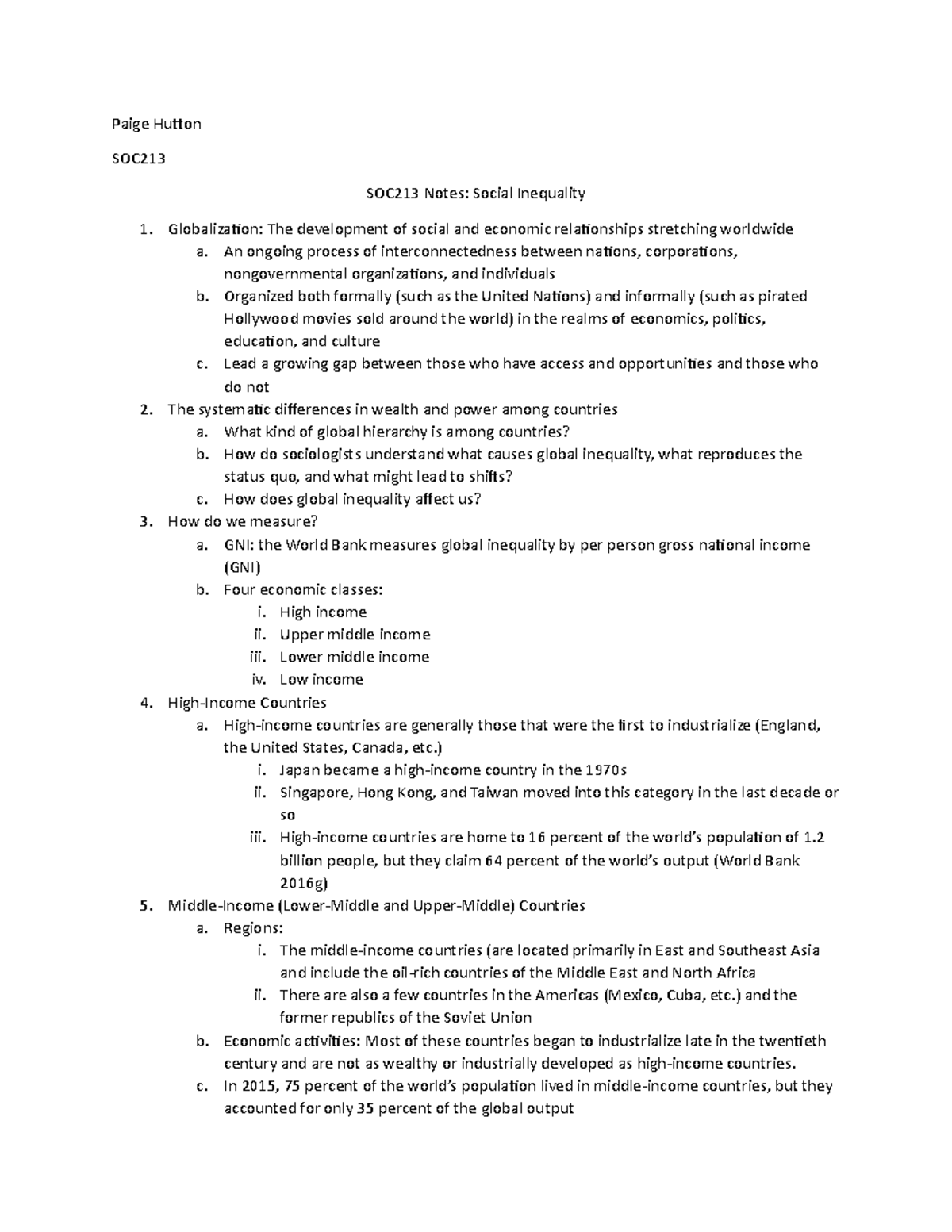 SOC213 Global Inequality Notes - Paige Hutton SOC SOC213 Notes: Social ...