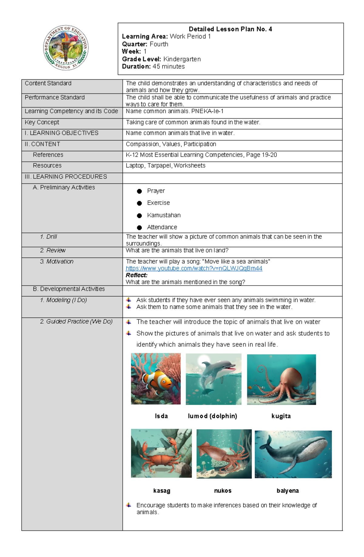 COT Detailed Lesson Plan - Content Standard The child demonstrates an ...
