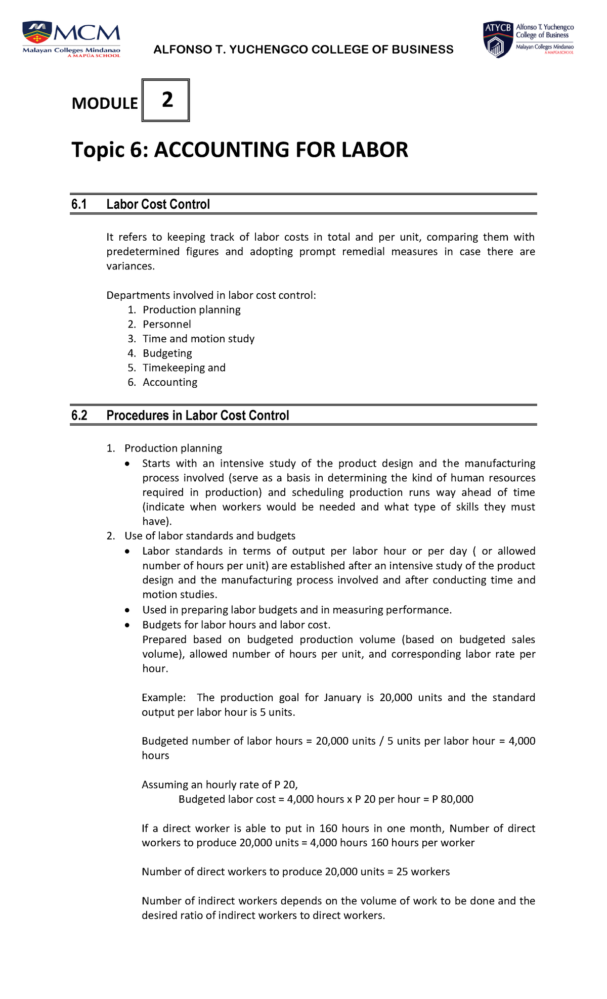 ACT121 - Topic 6 - Accounting FOR Labor - MODULE Topic 6 : ACCOUNTING ...