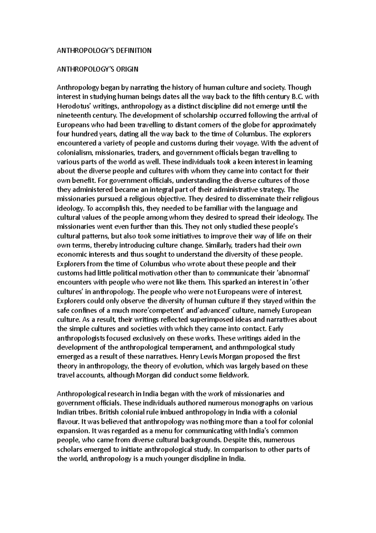 Anthropology'S Definition and Origin - ANTHROPOLOGY'S DEFINITION ...