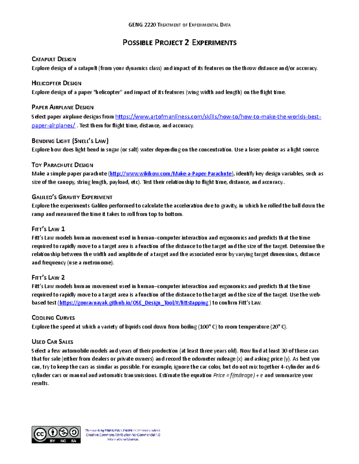 GENG 2220 P2-Experiment List - GENG 2220 TREATMENT OF EXPERIMENTAL DATA ...