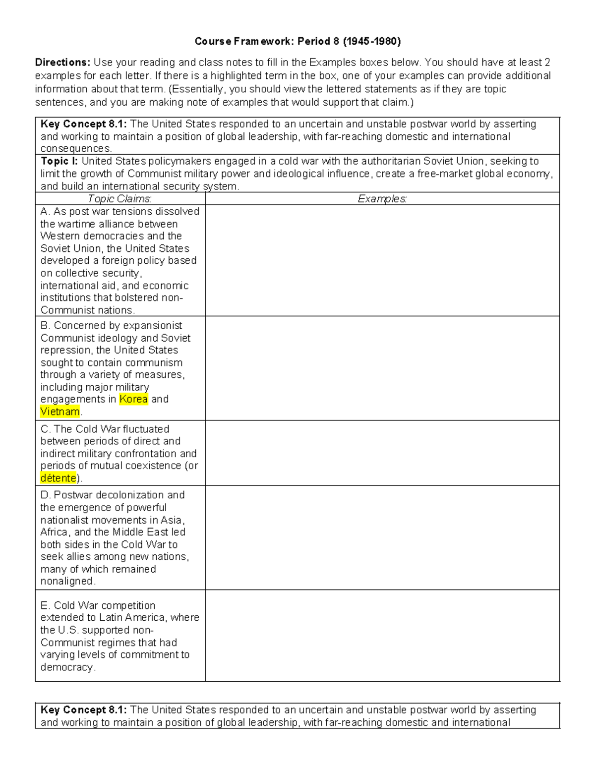 Course Framework Period 8 - You should have at least 2 examples for ...