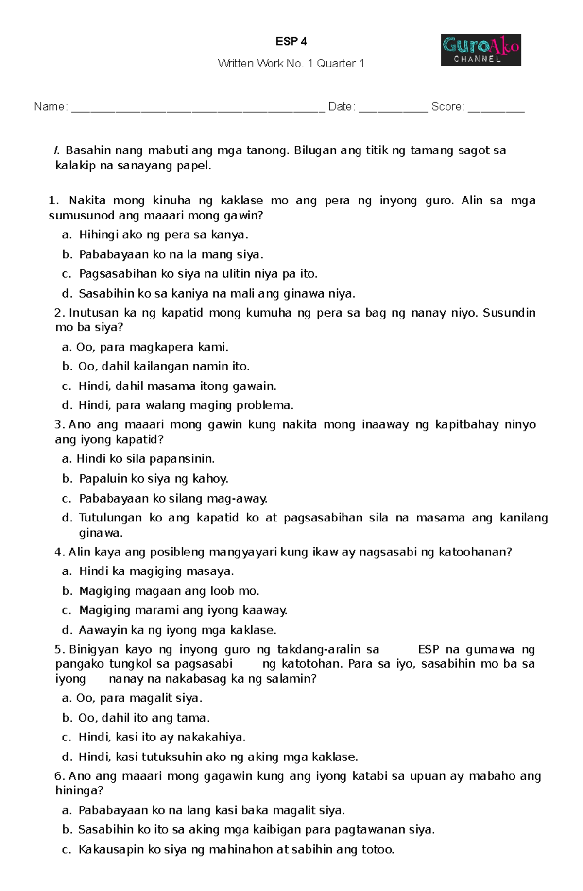 ST ESP 4 NO - Please - ESP 4 Written Work No. 1 Quarter 1 Name: - Studocu