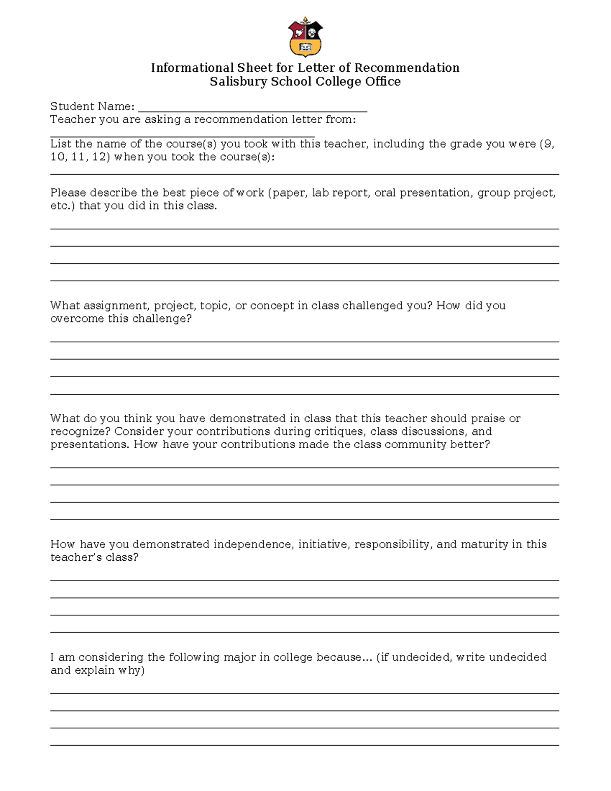 Recommendation Request Worksheet[ 79] - Informational Sheet for Letter ...