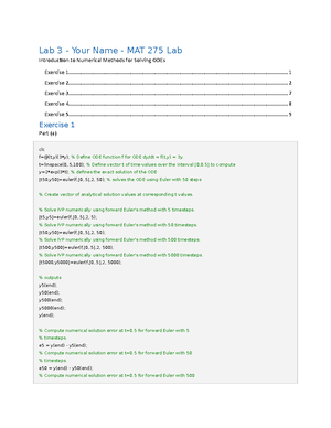 Lab4 - for matlab - Lab 4 - Name - MAT 275 Lab MATLAB solvers for First-Order IVP EXERCISE - Studocu