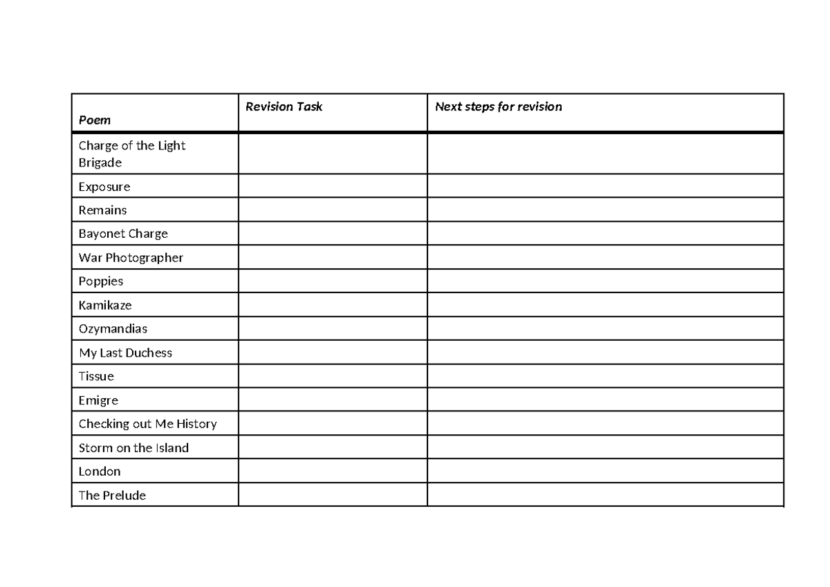 Poetry Revision Grid - GCSE planning grid - Poem Revision Task Next ...