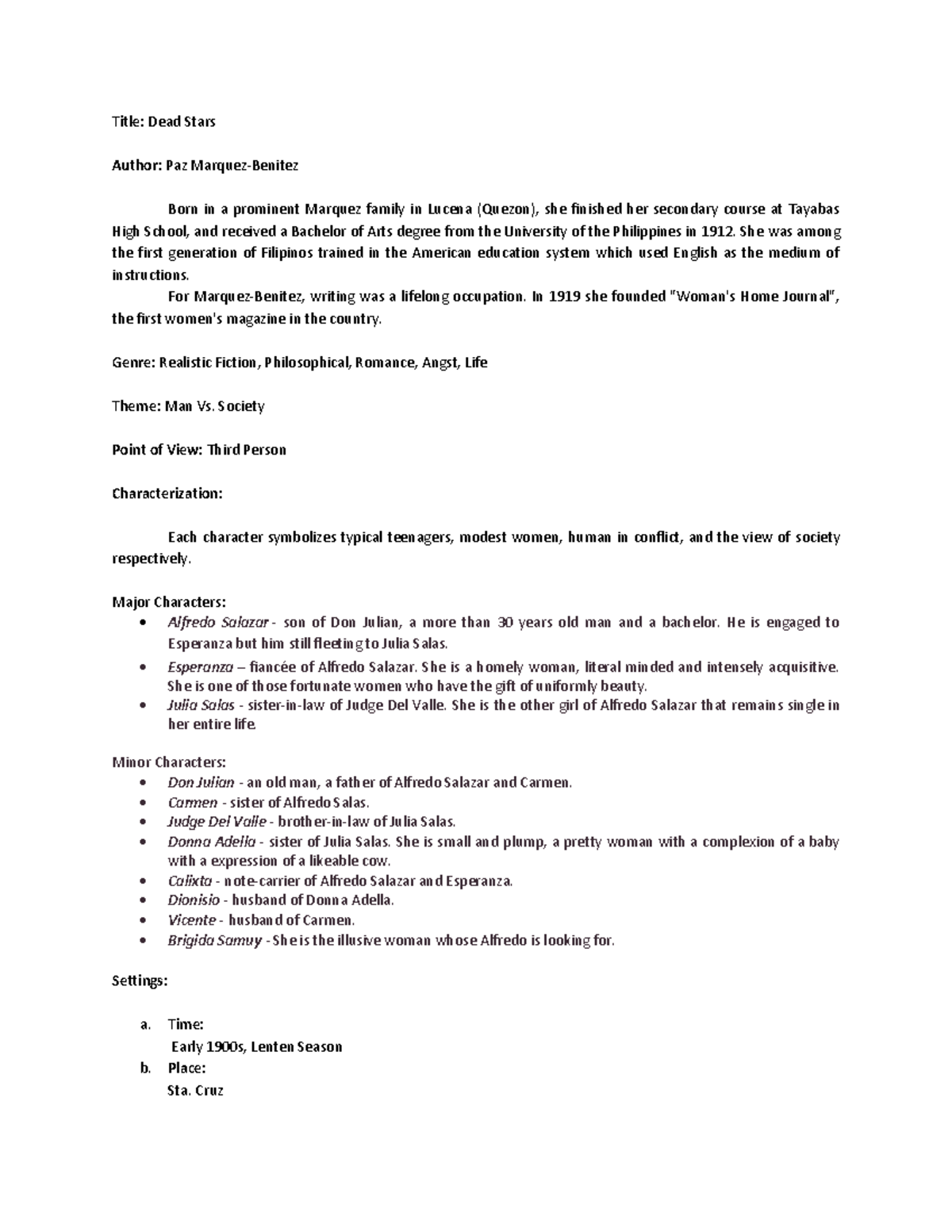 152821270 Dead Stars Summary - Title: Dead Stars Author: Paz Marquez ...