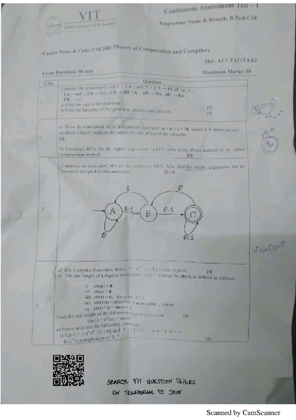 CSE2002 CAT1 Computation And Compilers - VIT Continuous Assessment Test ...
