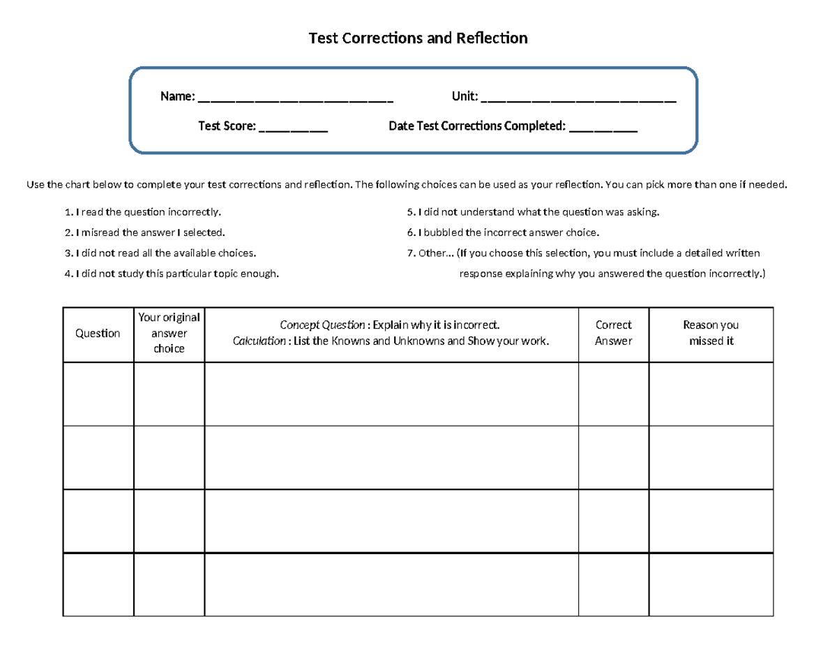 Test Reflection - Learn it for a free A - Test Corrections and ...