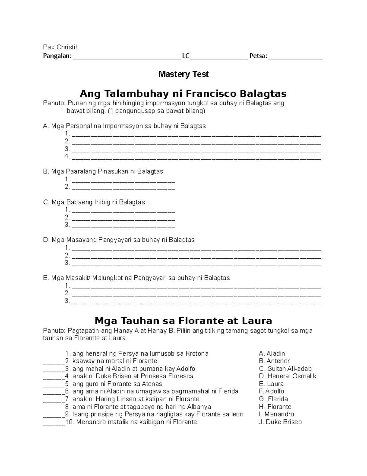 Grade 8 NOV 14 - Pagsusulit sa Florante at Laura - Pax Christi ...