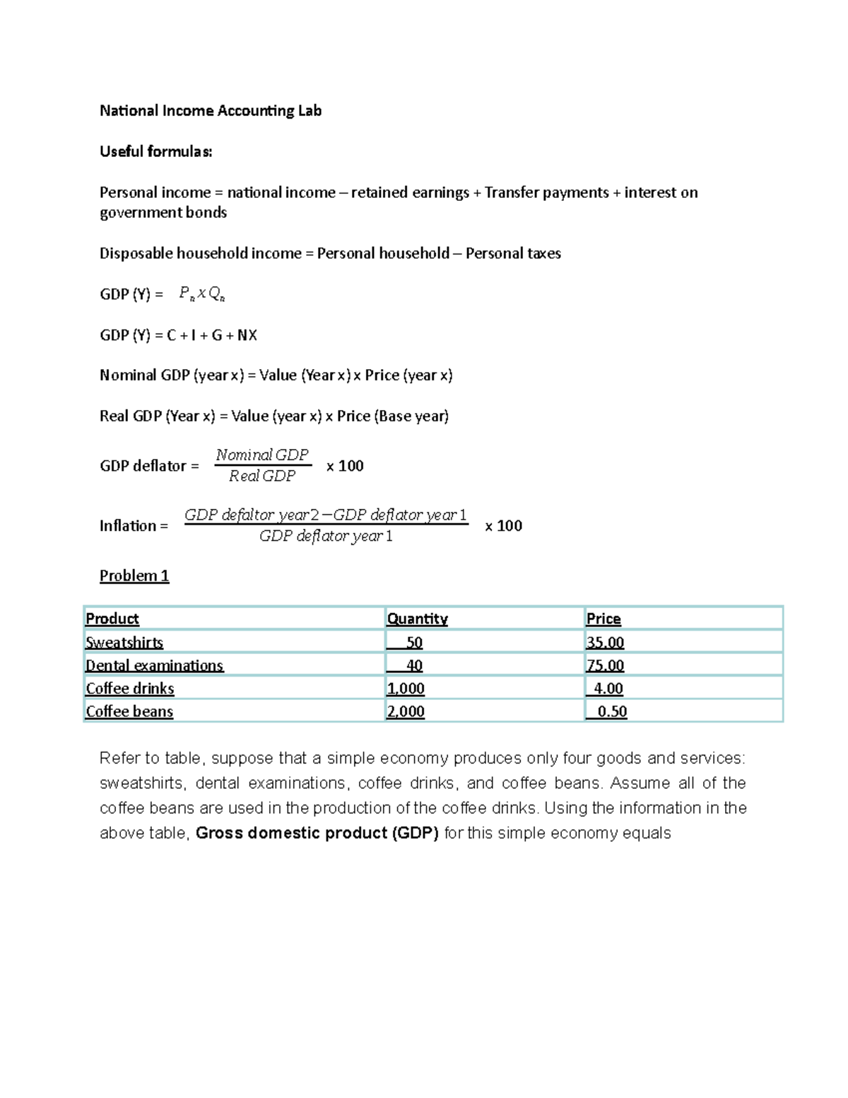 Exam 1 - National Income Accounting Lab Useful formulas: Personal ...