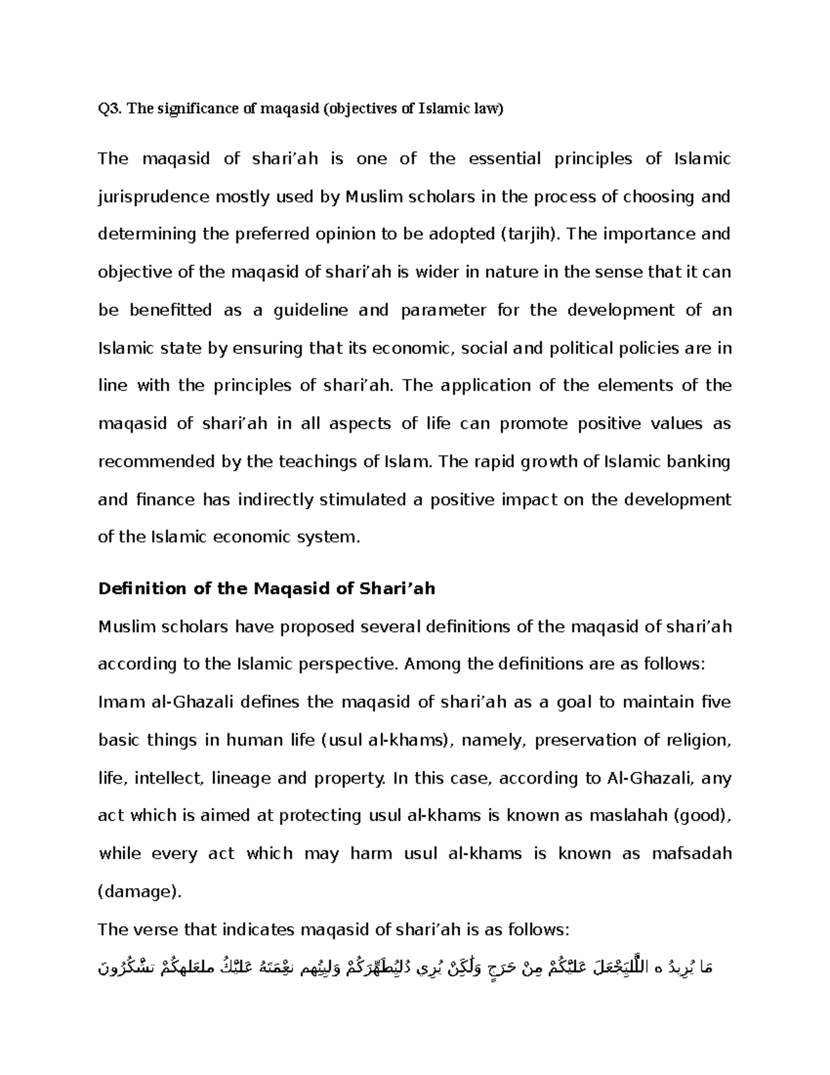 Q3. The significance of maqasid (objectives of Islamic law) - Q3. The ...