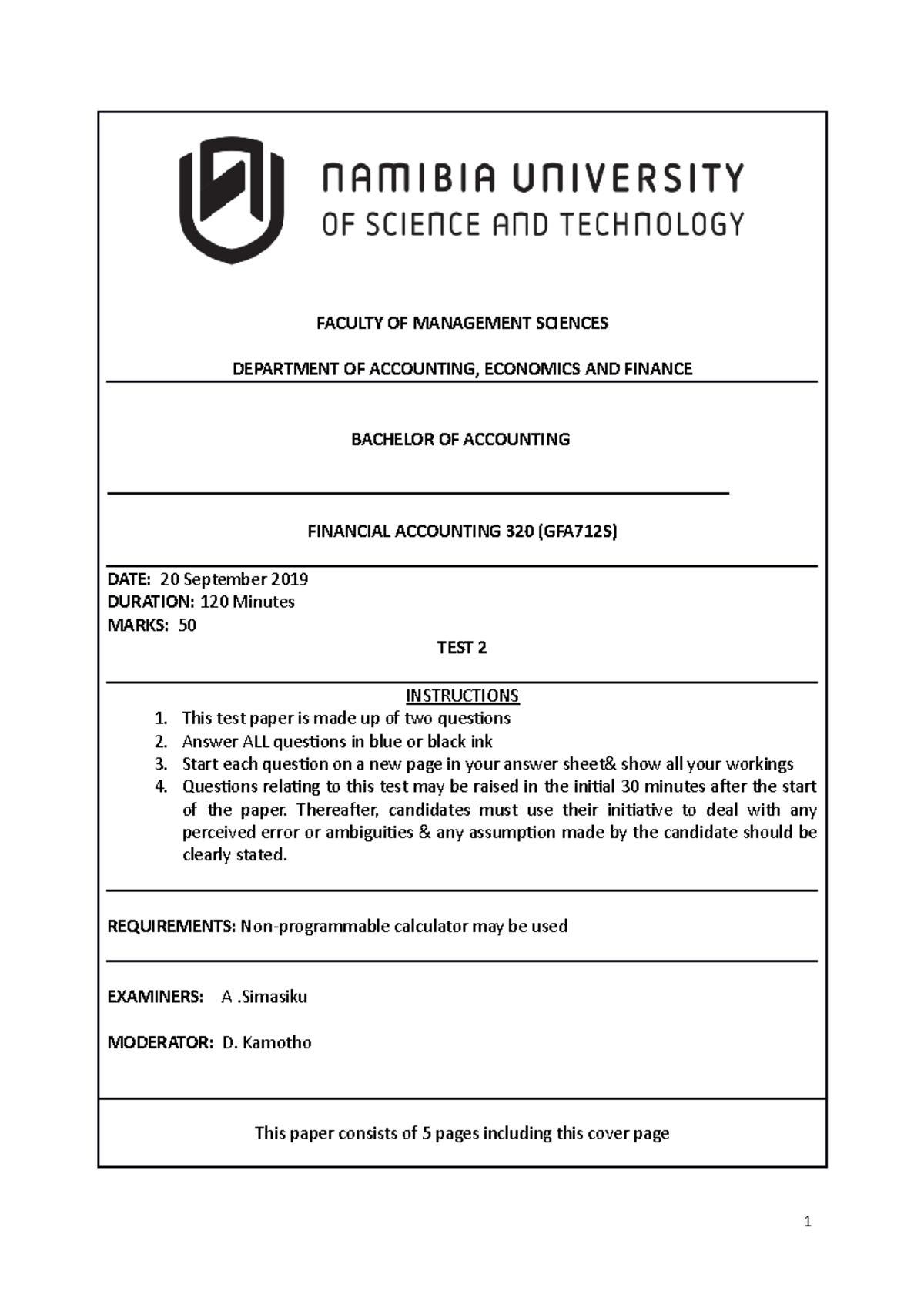 Test 2 (Question paper and memo) 2019 - FACULTY OF MANAGEMENT SCIENCES ...