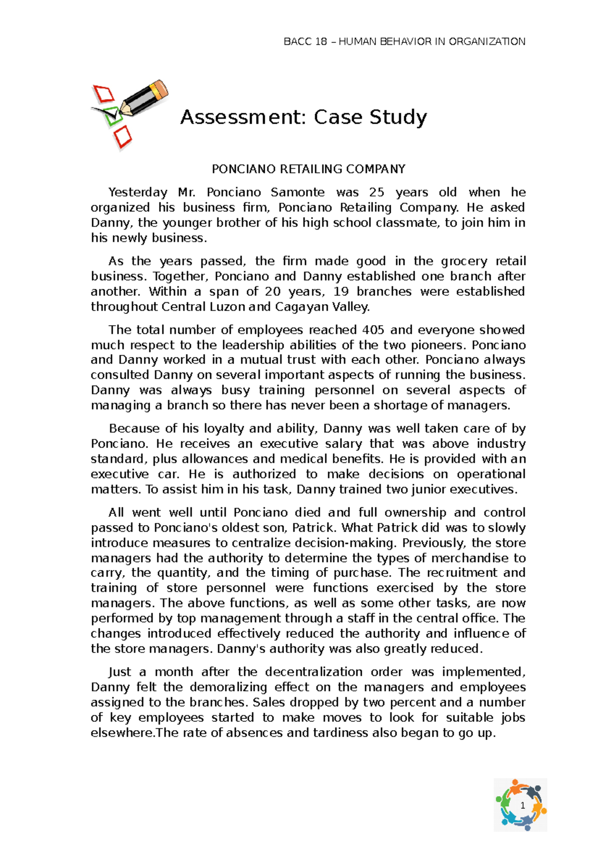 Case Analysis 1 - Assessment: Case Study PONCIANO RETAILING COMPANY ...