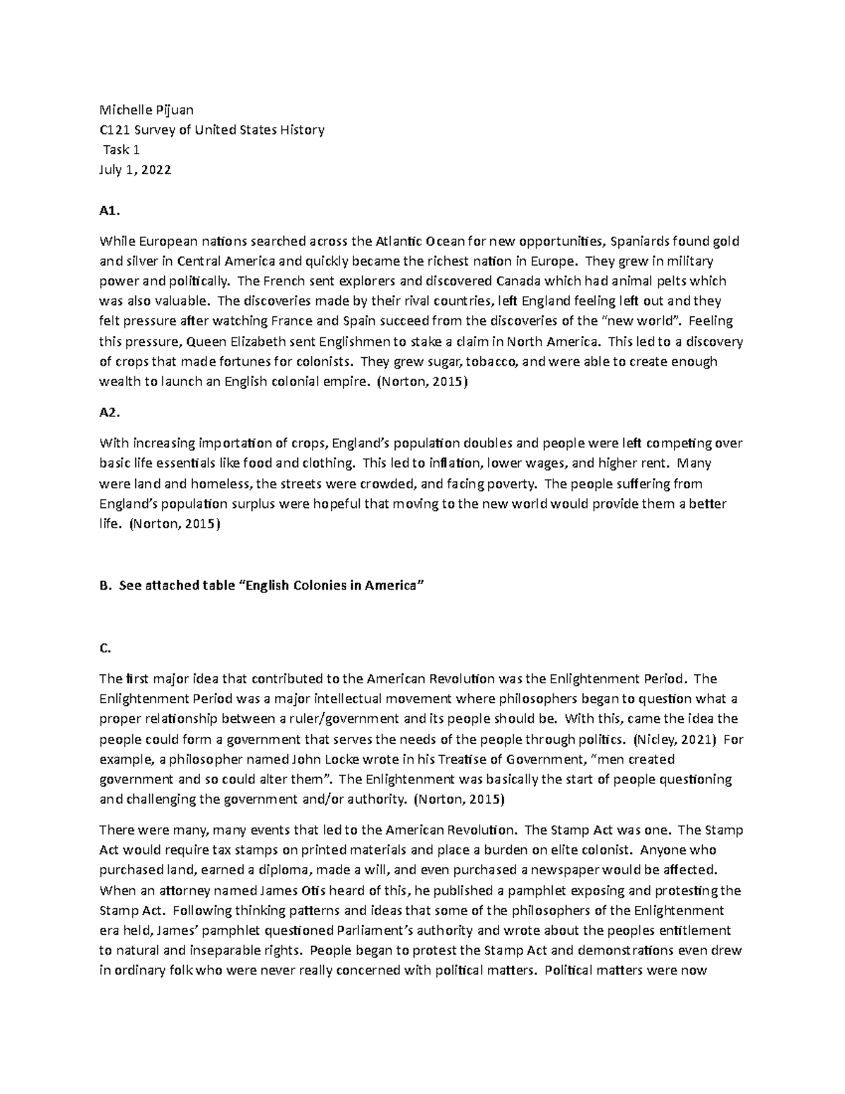 C121 Task 1 - task 1 passed - Michelle Pijuan C121 Survey of United ...