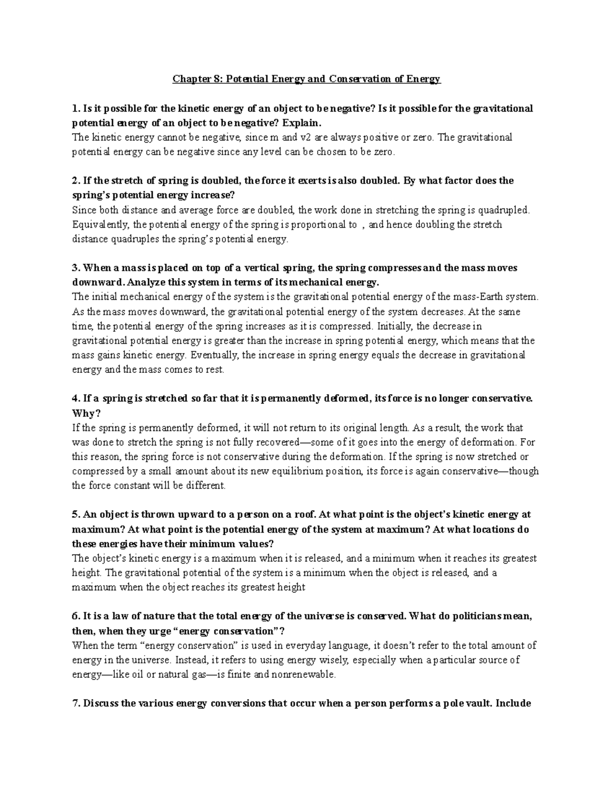 Chapt 8 - dumberry - Chapter 8: Potential Energy and Conservation of Energy Is it possible for ...