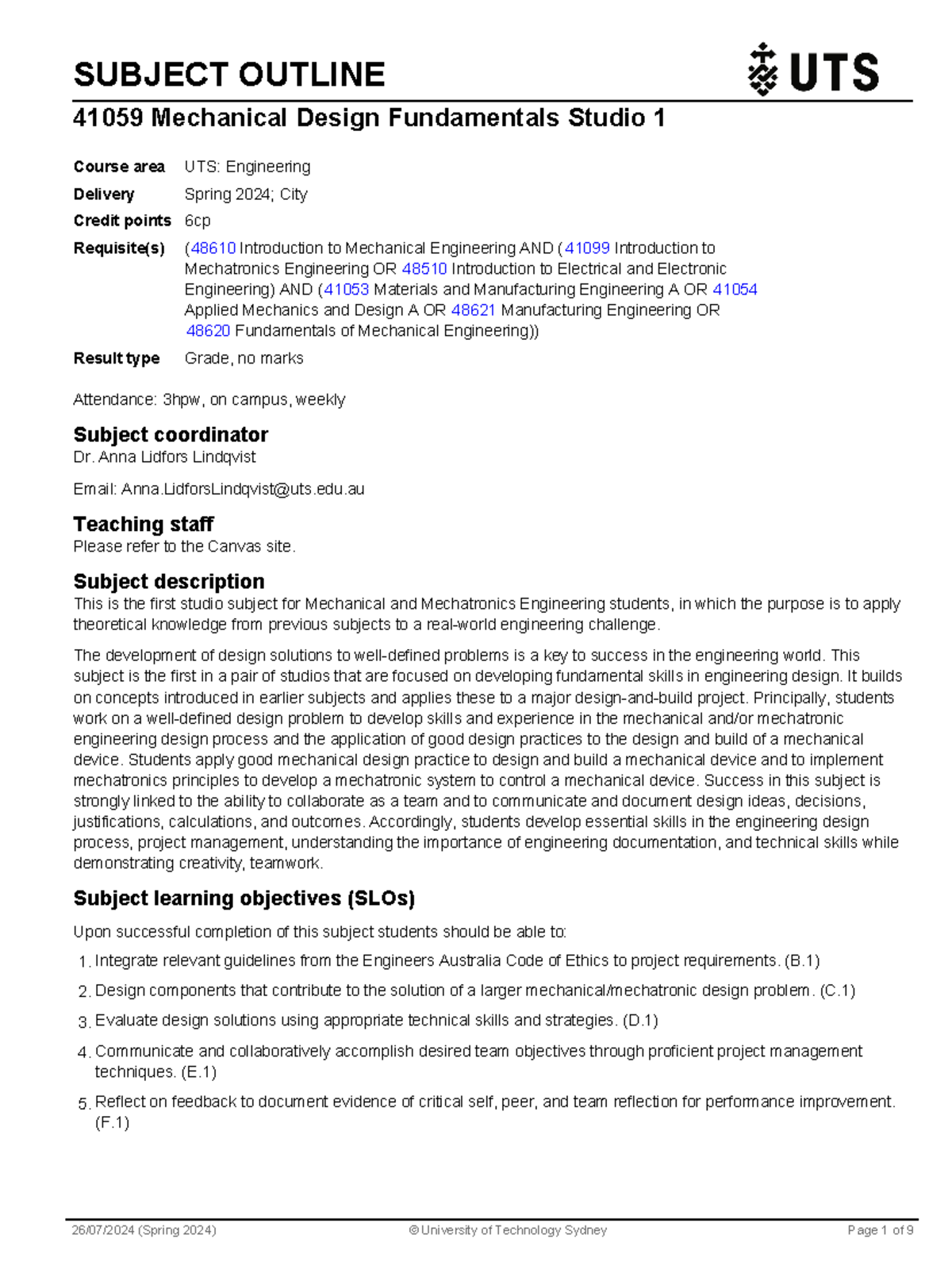 Subject Outline - SUBJECT OUTLINE 41059 Mechanical Design Fundamentals ...