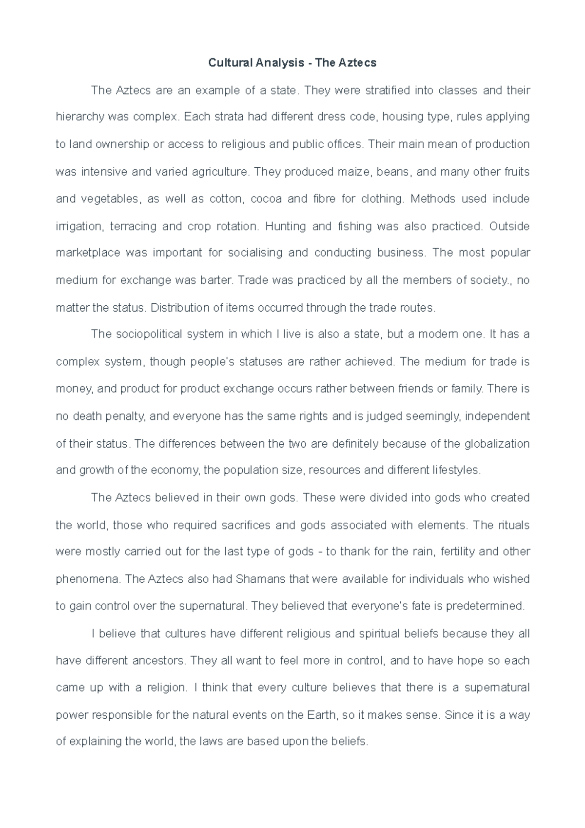 Cultural Analysis - Grade: A - Cultural Analysis - The Aztecs The ...