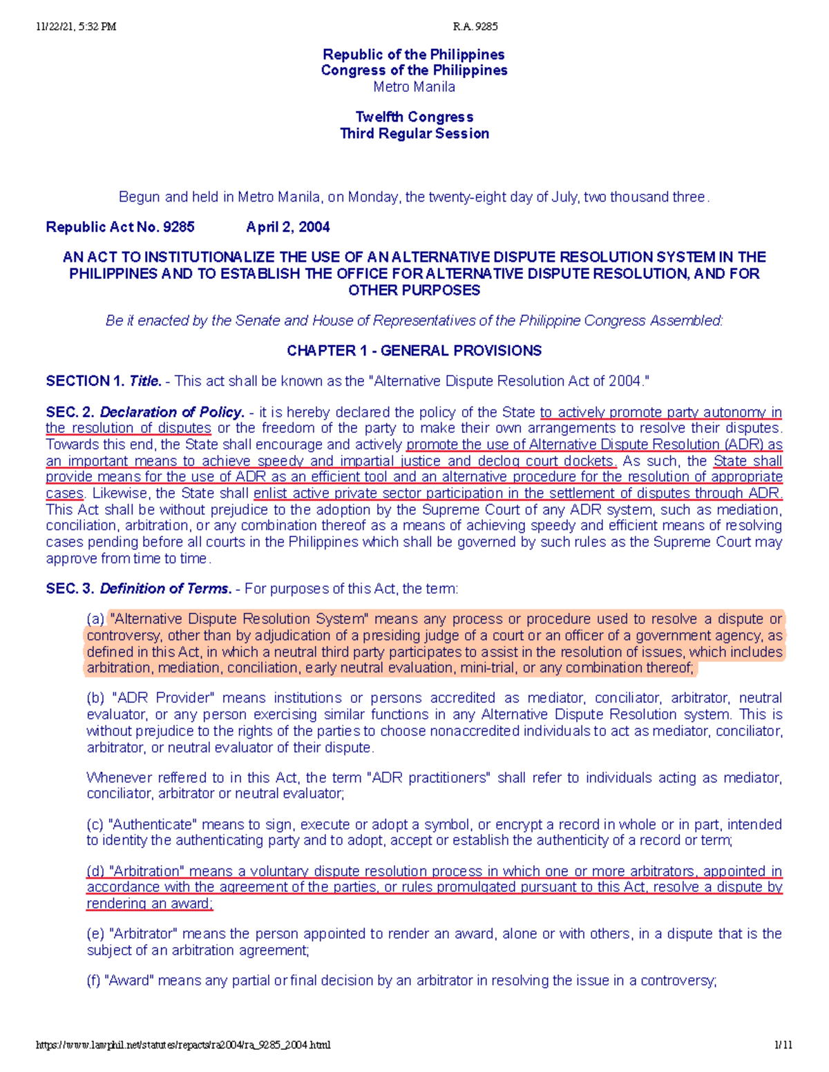 R.A. 9285 - ADR Law - Republic of the Philippines Congress of the ...