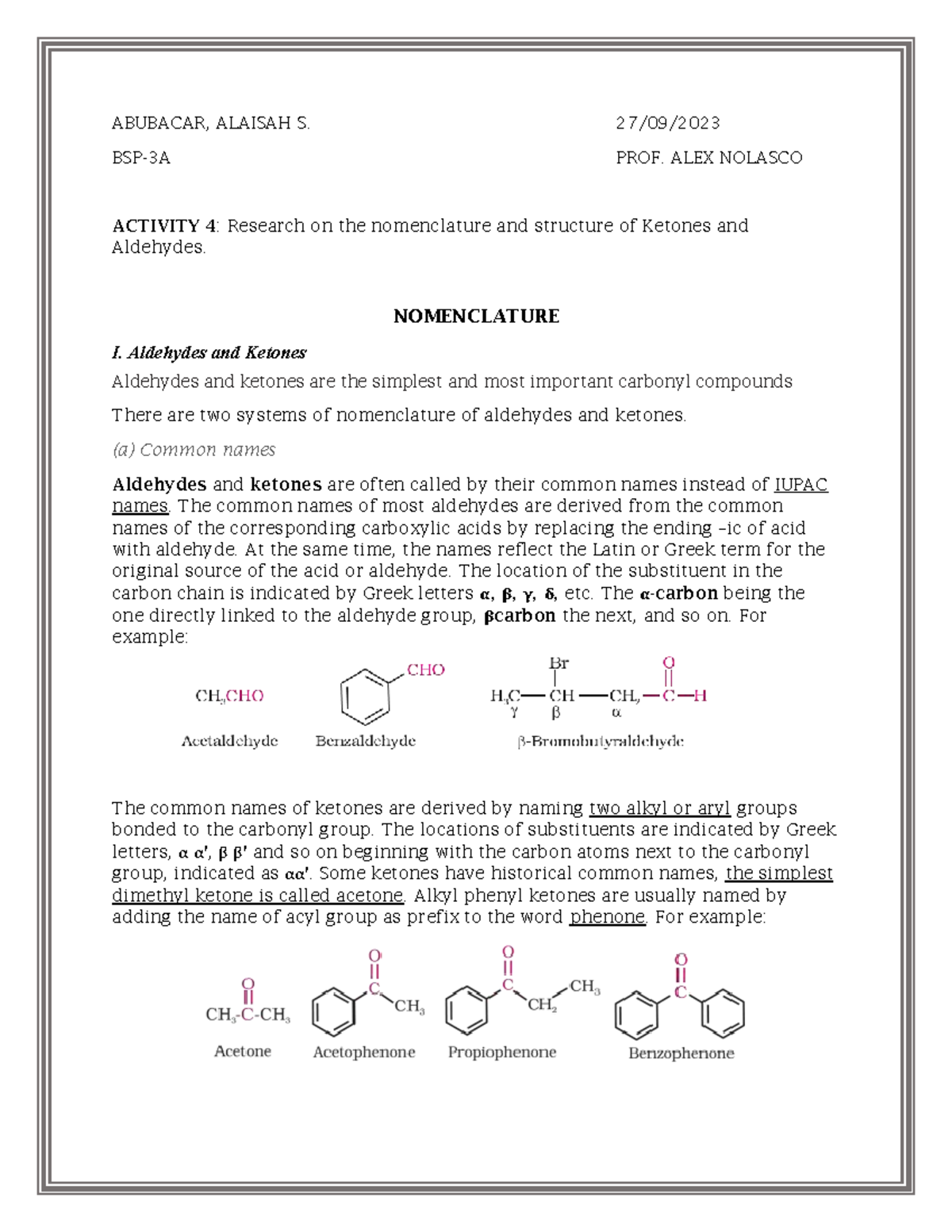 Activity 4 Ketones AND Aldehydes - ABUBACAR, ALAISAH S. 27/09/ BSP-3A ...