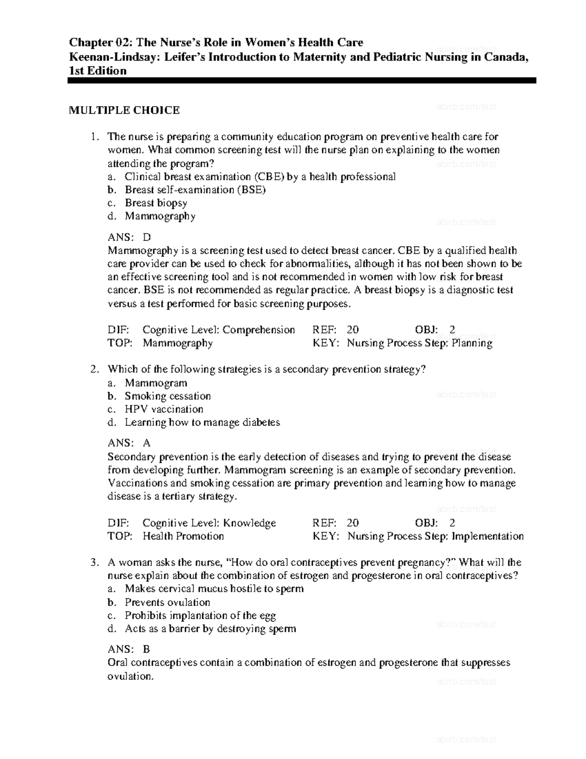 2 - Practice material - Chapter 02: The Nurse’s Role in Women’s Health ...