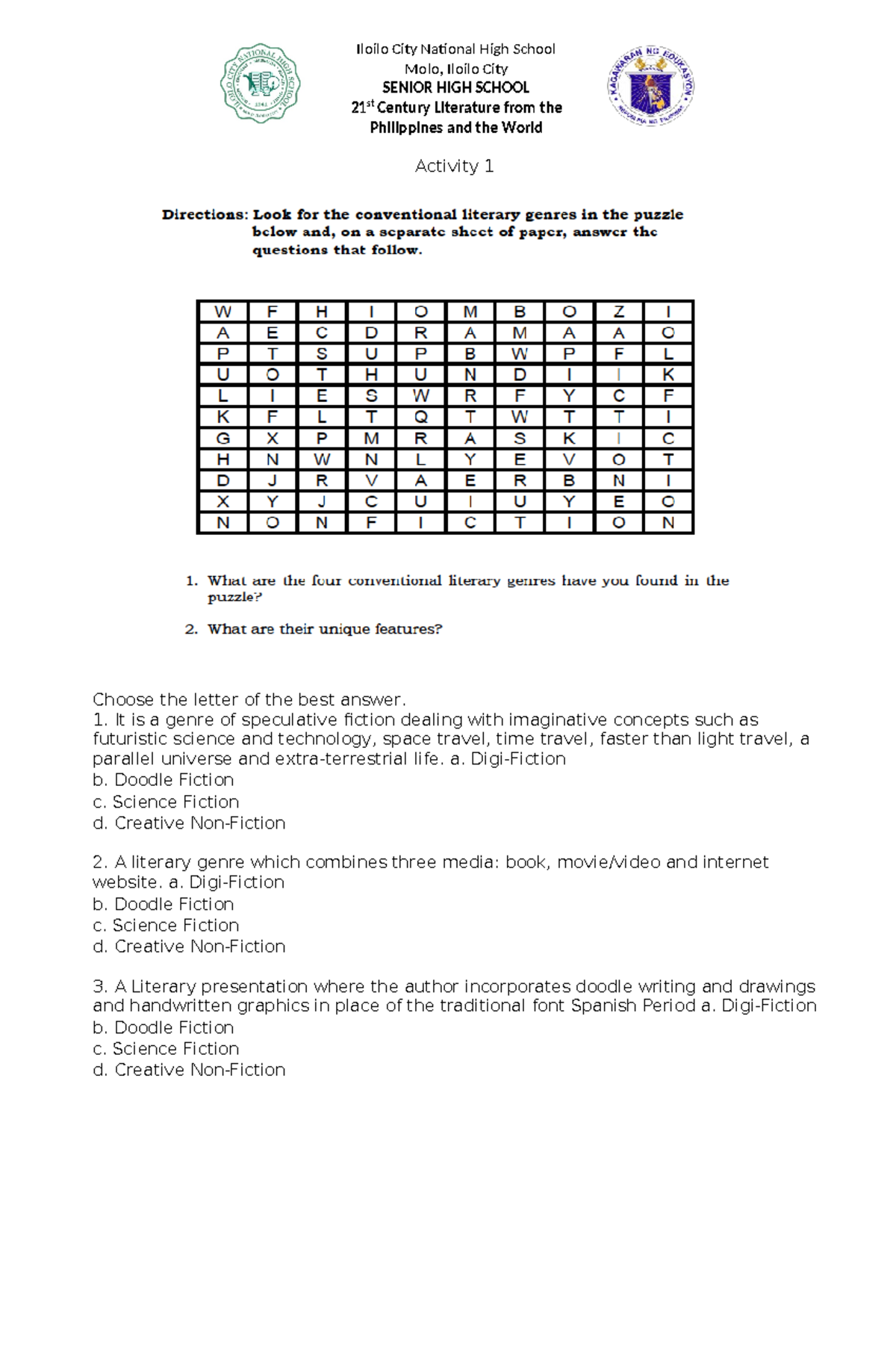 Activity sheets 21st Century 412024 - Molo, Iloilo City SENIOR HIGH ...