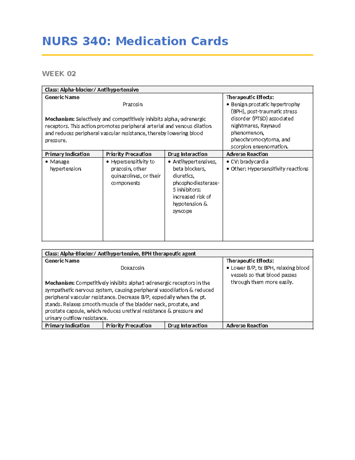 Week 02 Medication Card - NURS 340: Medication Cards WEEK 02 Class ...