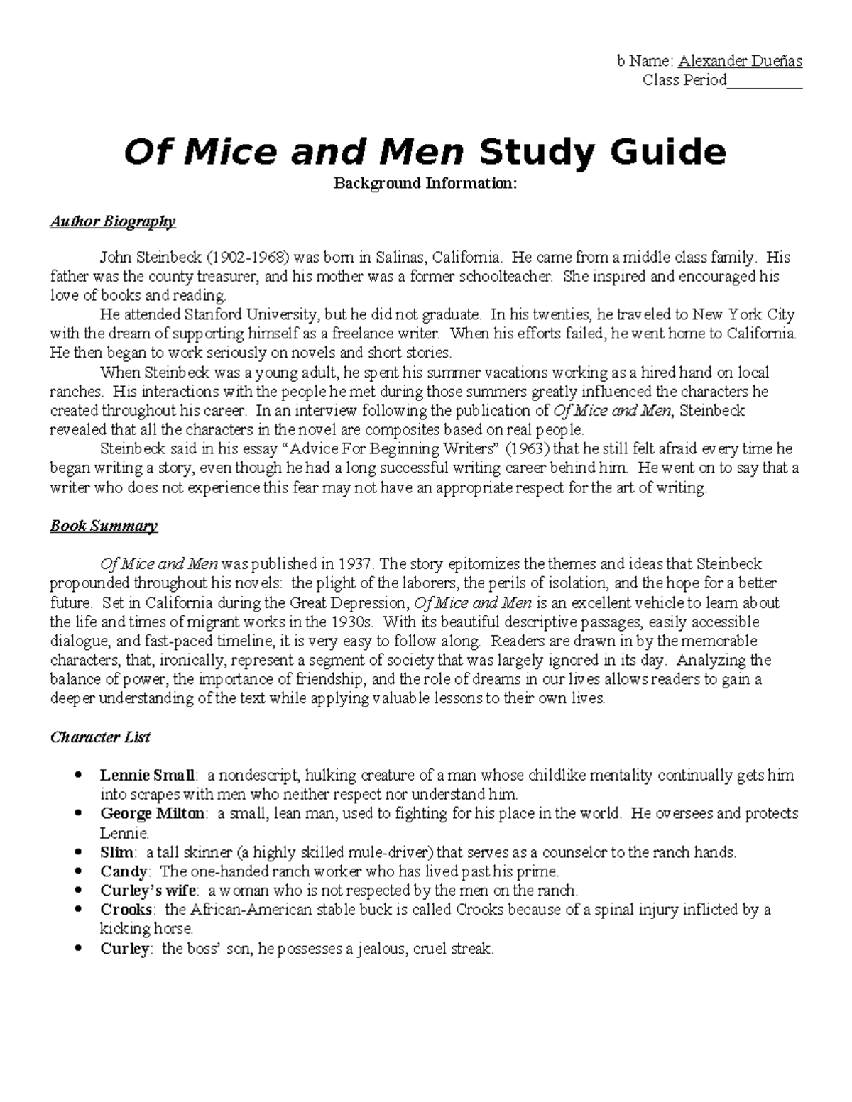 Of Mice and Men Guide - b Name: Alexander Dueñas Class Period ...