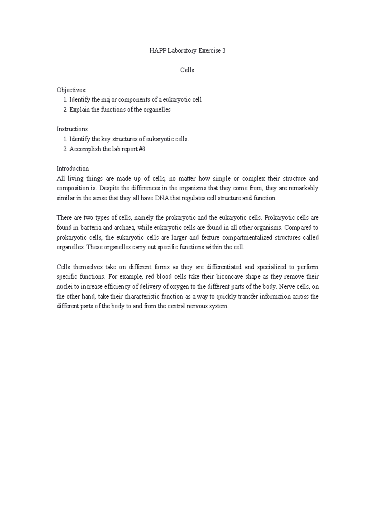 HAPP-LAB- Exercise 3 - HAPP Laboratory Exercise 3 Cells Objectives: 1 ...