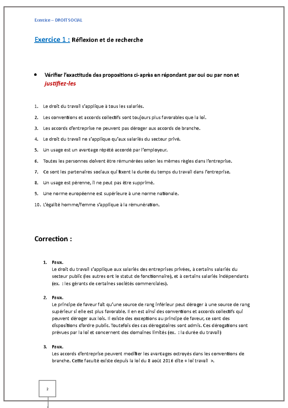 Exercice-1-droit-social-correction - 2 Exercice – DROIT SOCIAL Exercice ...