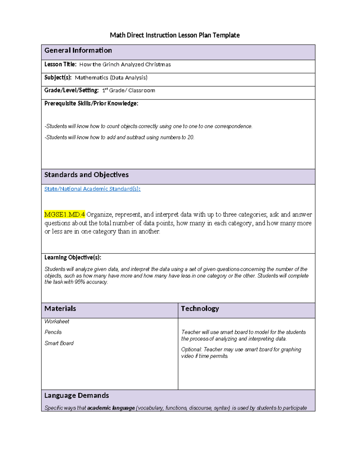 BMM3 Task 3 Lesson Plan - Math Direct Instruction Lesson Plan Template ...