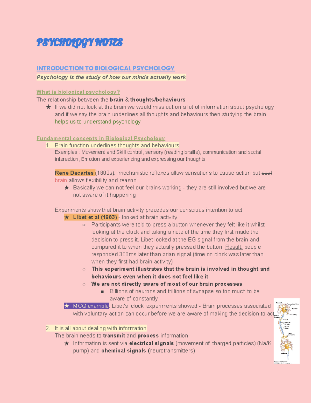 Psychology Notes - PSYCHOLOGY NOTES INTRODUCTION TO BIOLOGICAL ...