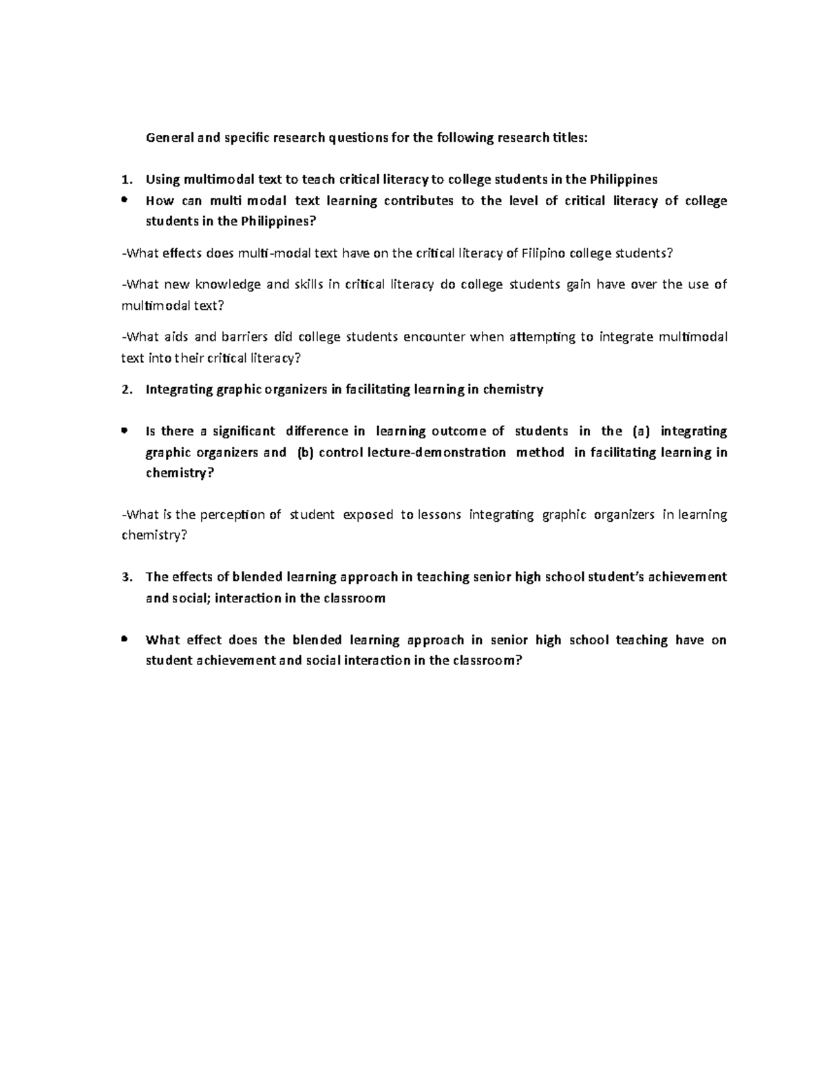 General and specific research questions - Studocu