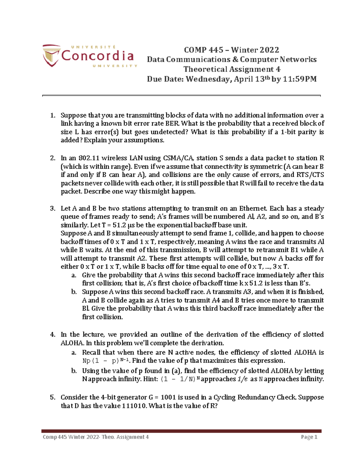 Theory Assignment 4 Comp 445 Winter 2022 Theo Assignment 4 Page 1 Comp 445 Winter 2022