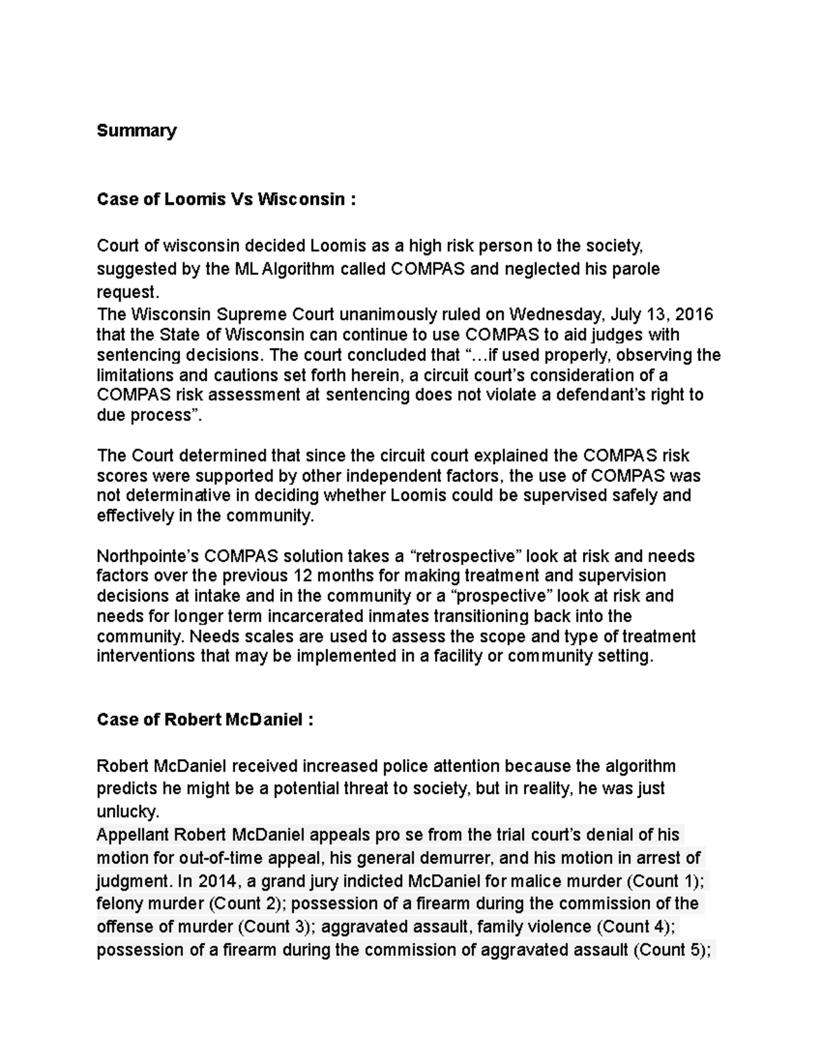 Lab 7 - Teacher Name : Erica - Summary Case of Loomis Vs Wisconsin ...