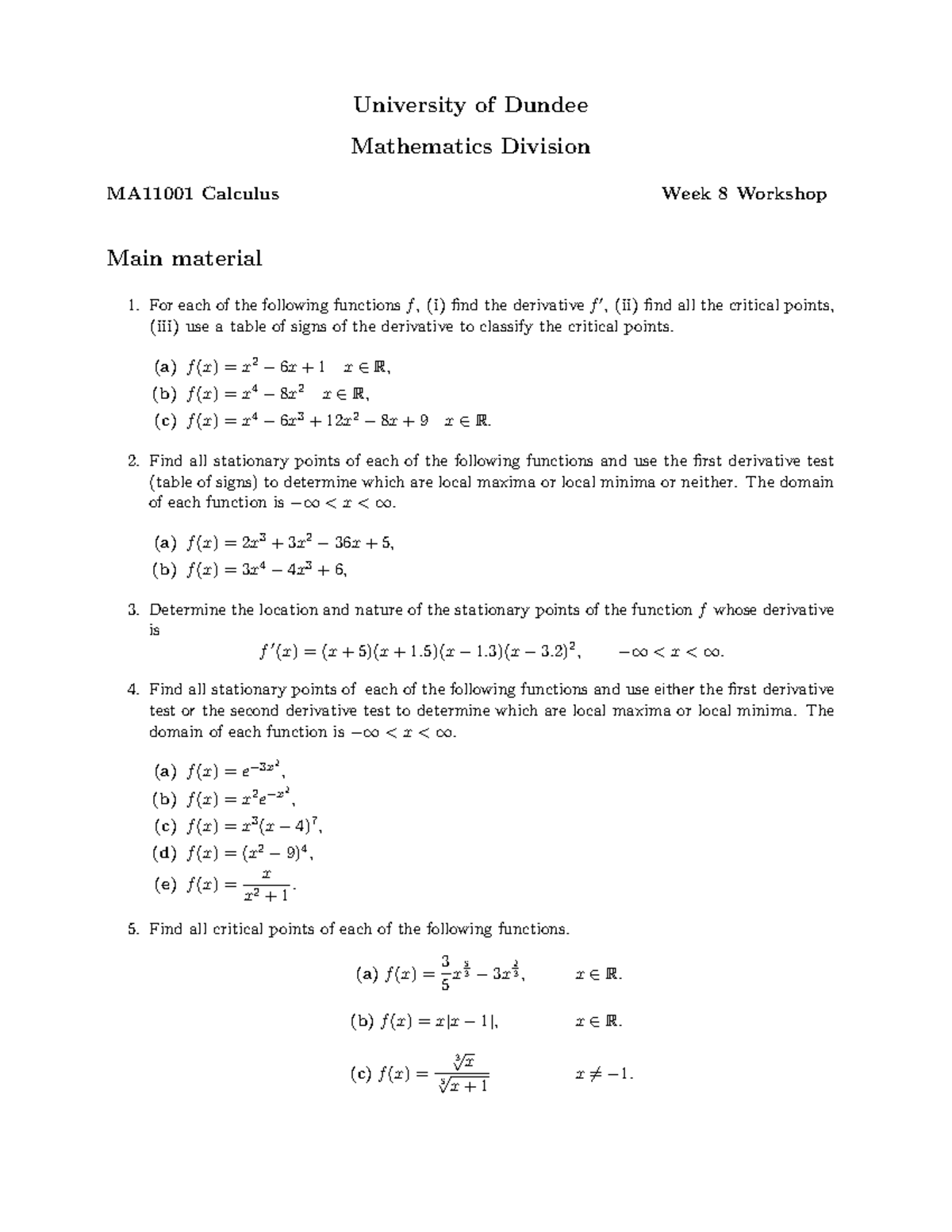 MA11001 Calculus Worksheet 8 - University of Dundee Mathematics ...
