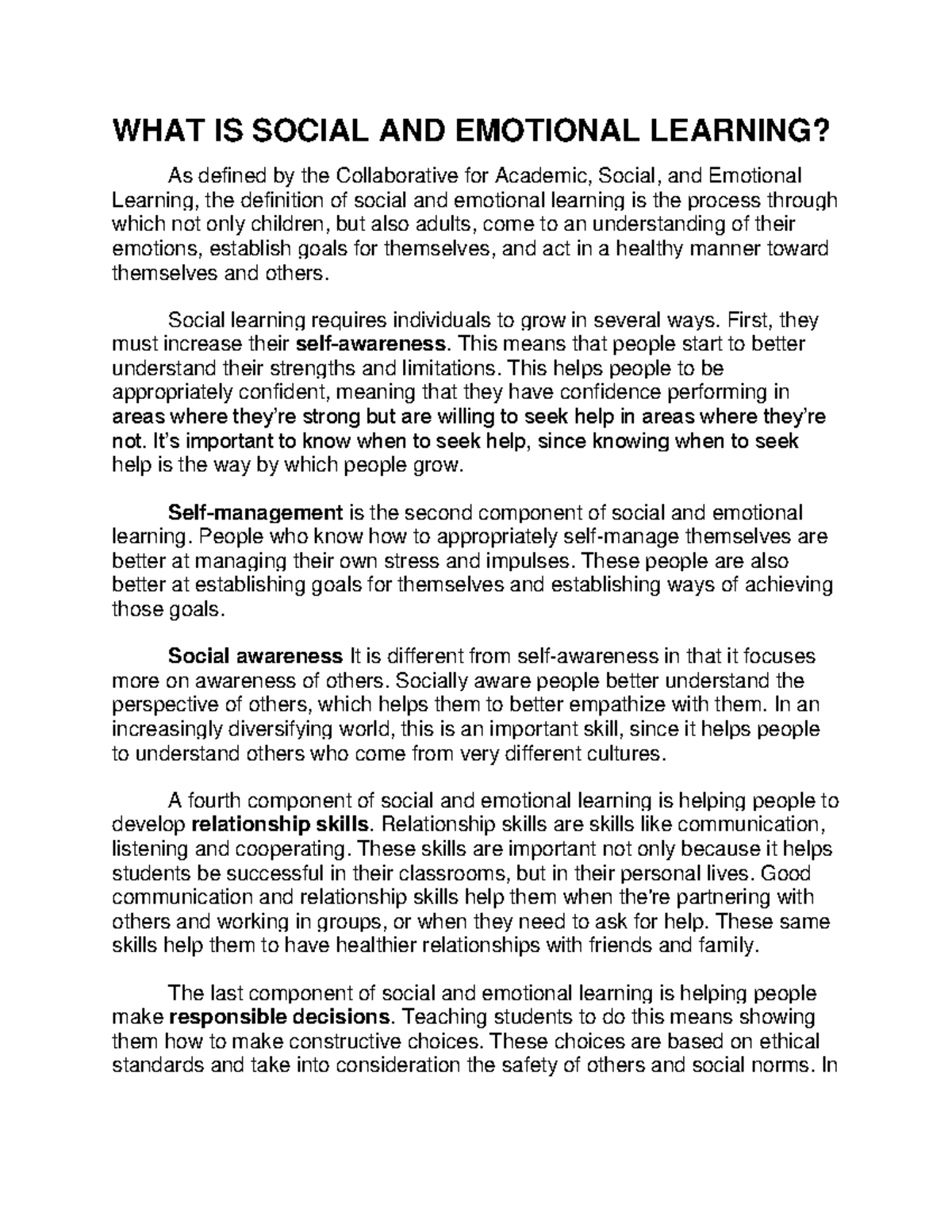 WHAT IS Social AND Emotional Learning - WHAT IS SOCIAL AND EMOTIONAL ...