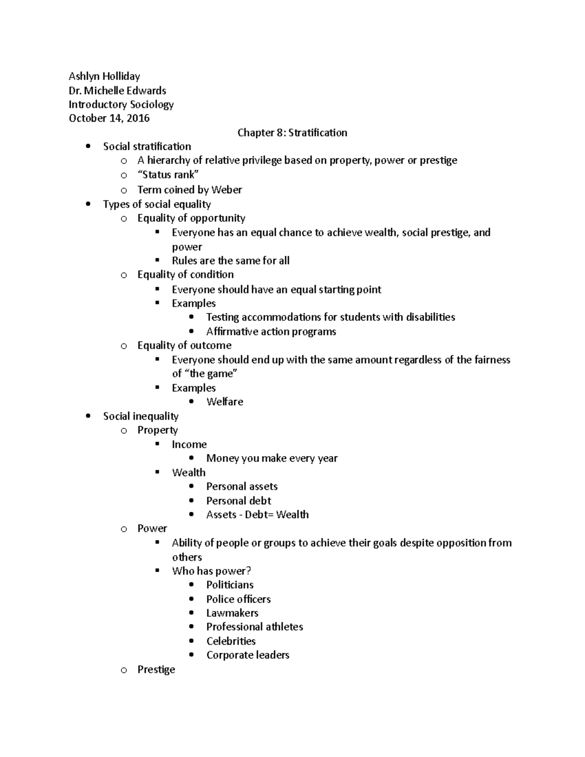 Chapter 8- Stratification - Ashlyn Holliday Dr. Michelle Edwards ...